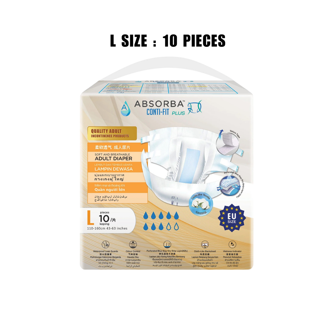 Absorba Conti-Fit Plus Tape Adult Diapers 10s (M10/L10/XL8) – Medihubmy